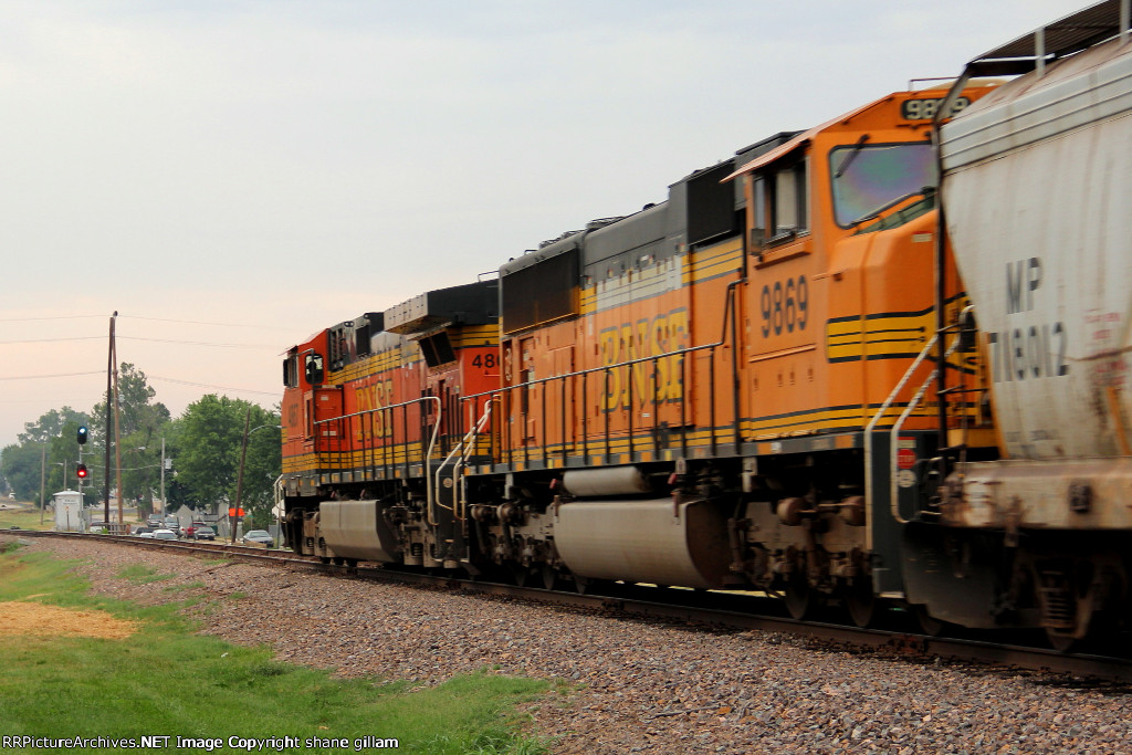 BNSF 9869 trails the lead unit nb on this empty oil train